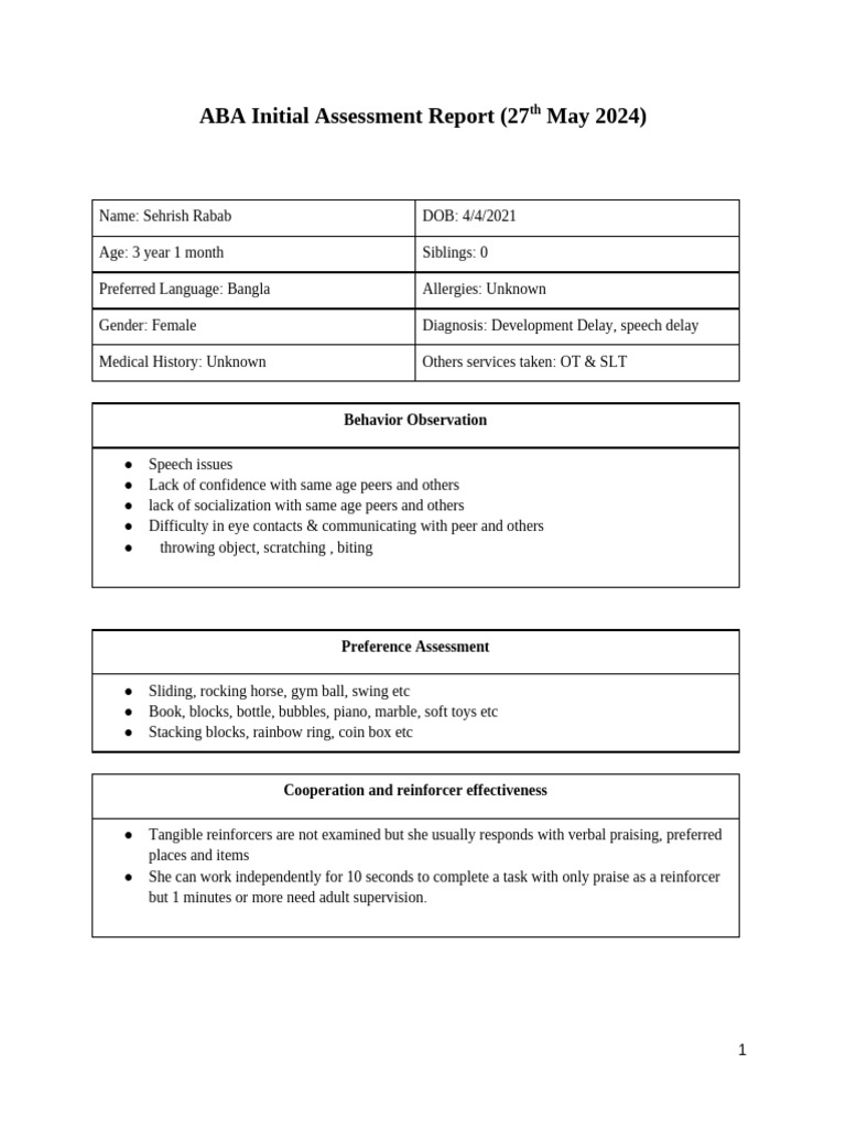 Sehrish ABA Assessment Report | PDF | Speech | Human Communication