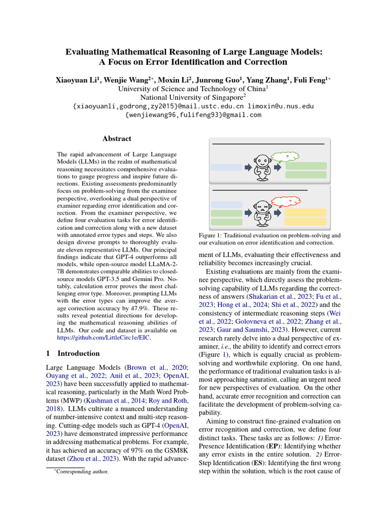 Evaluating Mathematical Reasoning of Large Language Models- A Focus on Error Identification and ...