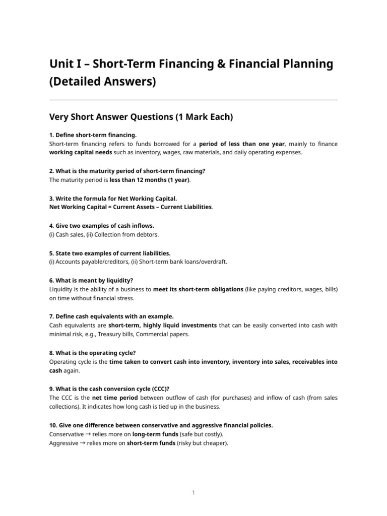 Unit1 Financial Planning | PDF | Working Capital | Market Liquidity