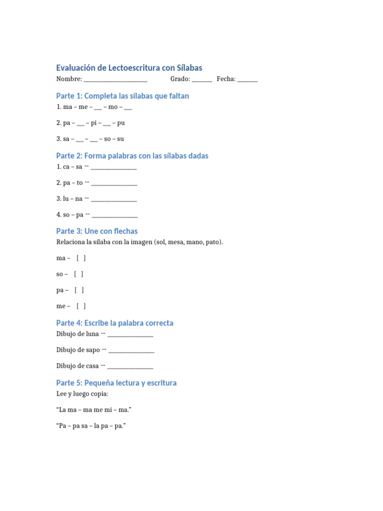 Evaluación de Sílabas en Lectoescritura | PDF