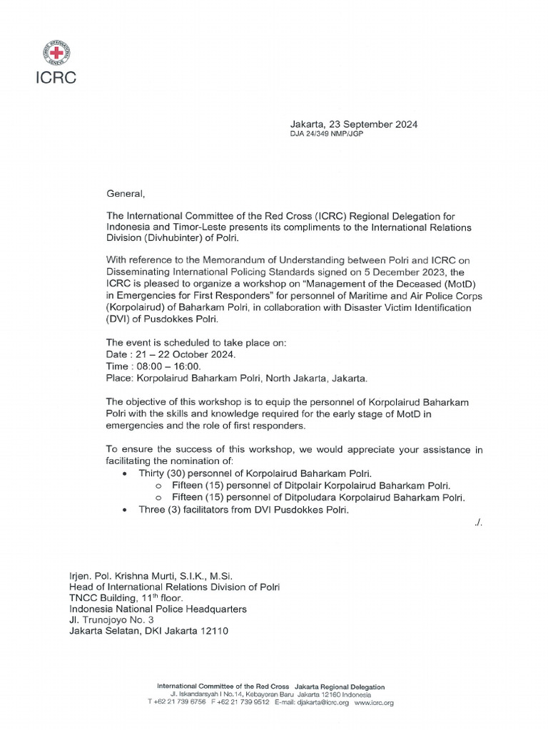 ICRC Letter To Kadivhubinter For MotD Workshop 21 October 2024 | PDF