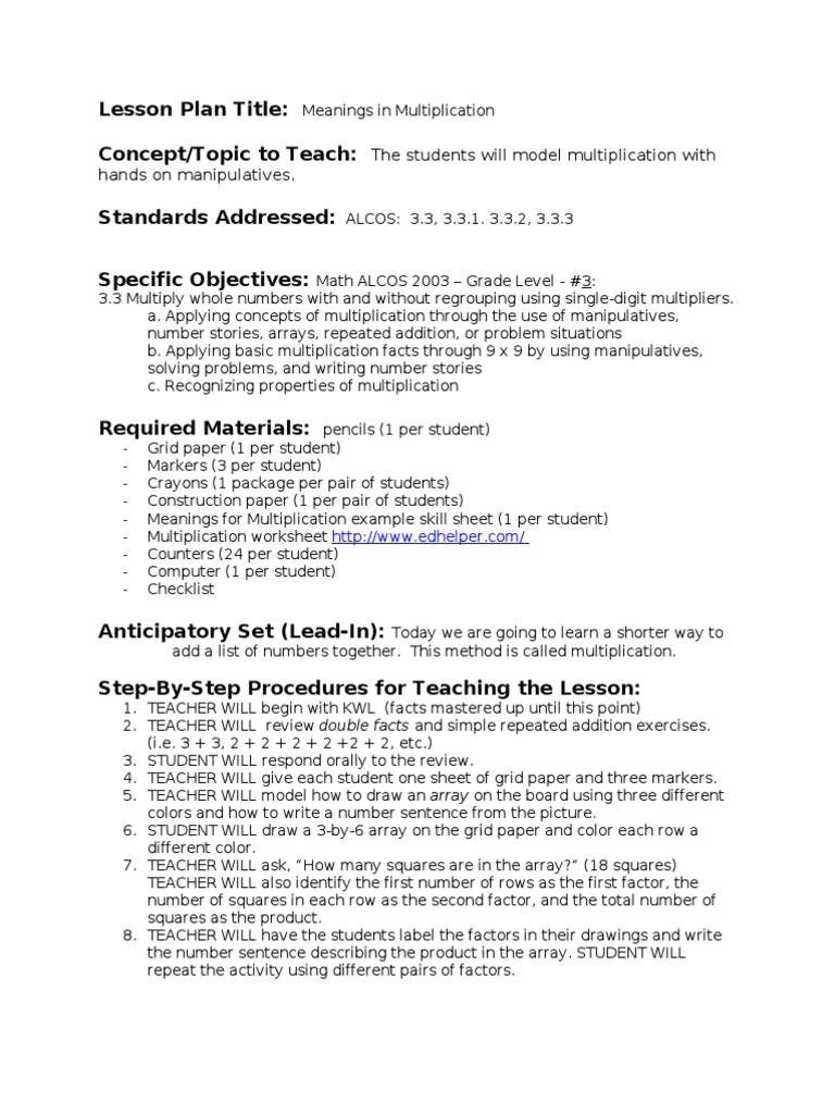 Lesson Plan 2 | PDF | Multiplication | Spreadsheet