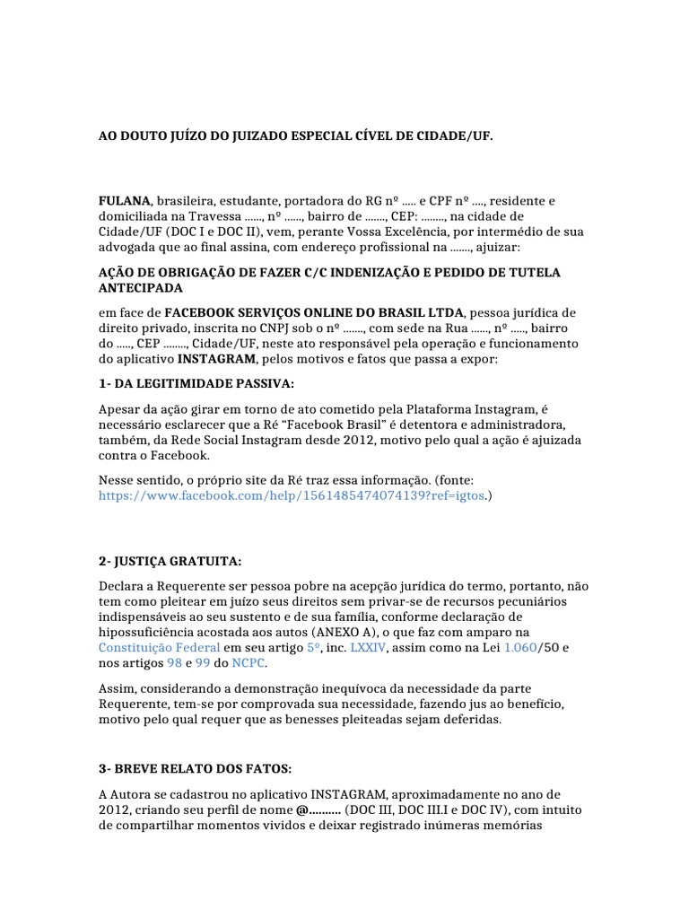Acao de Recuperacao de Conta Do Instagram | PDF | Indenização ...