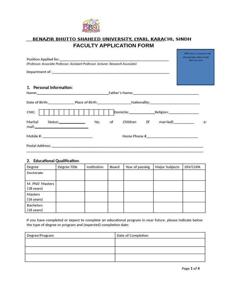 Faculty Application Form Template | PDF