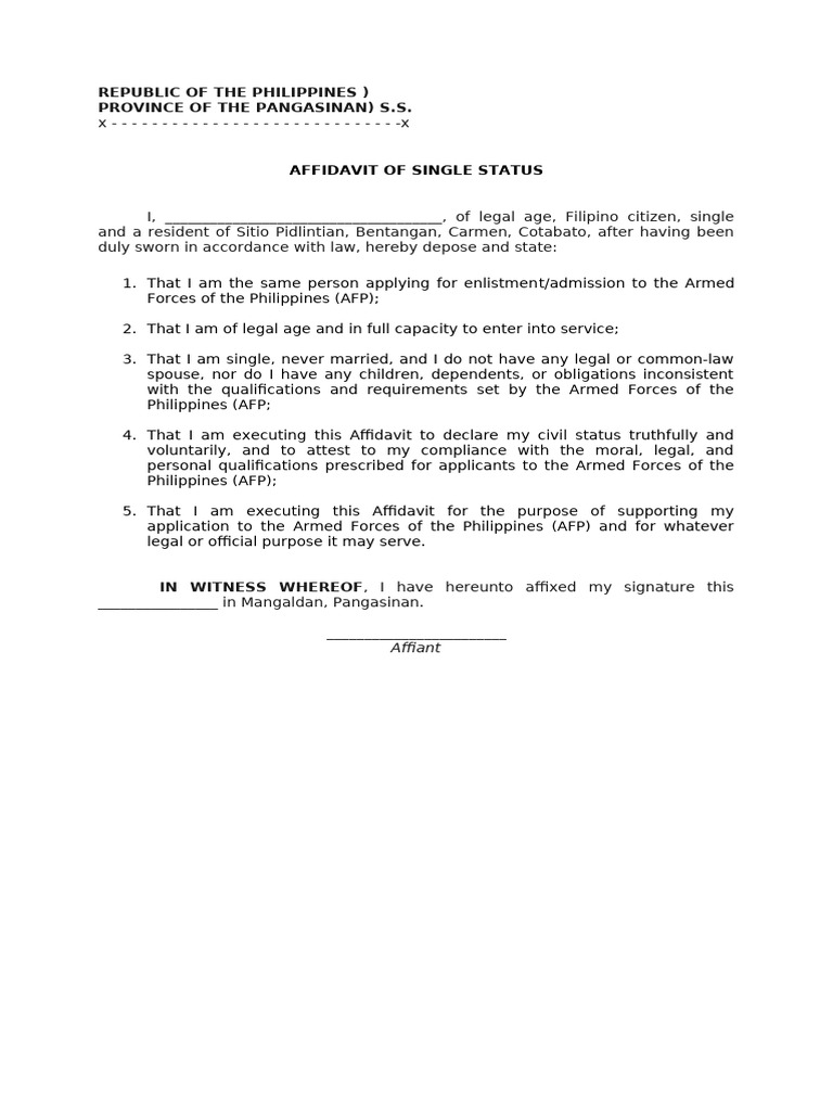 Affidavit of Single Status for AFP Application | PDF