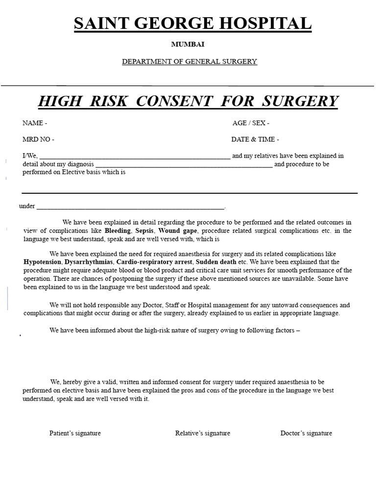 High Risk Consent For Surgery | PDF