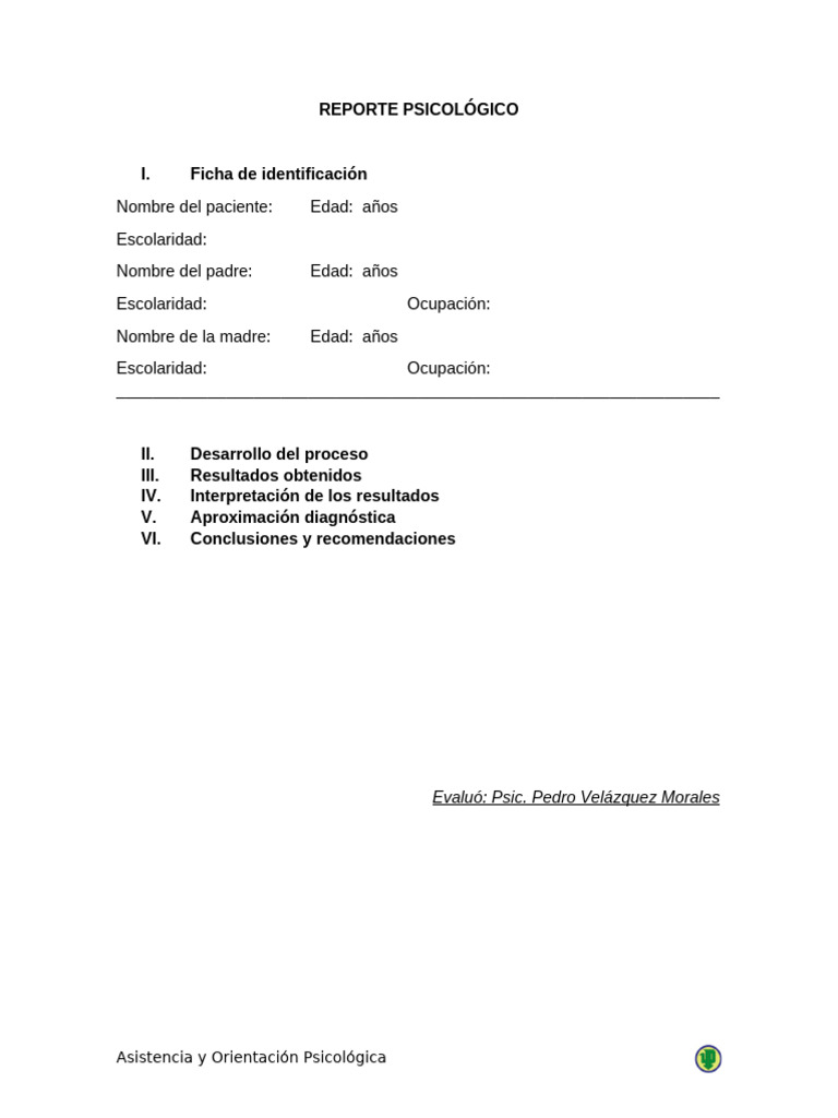Reporte Psicológico (Esqueleto) | PDF