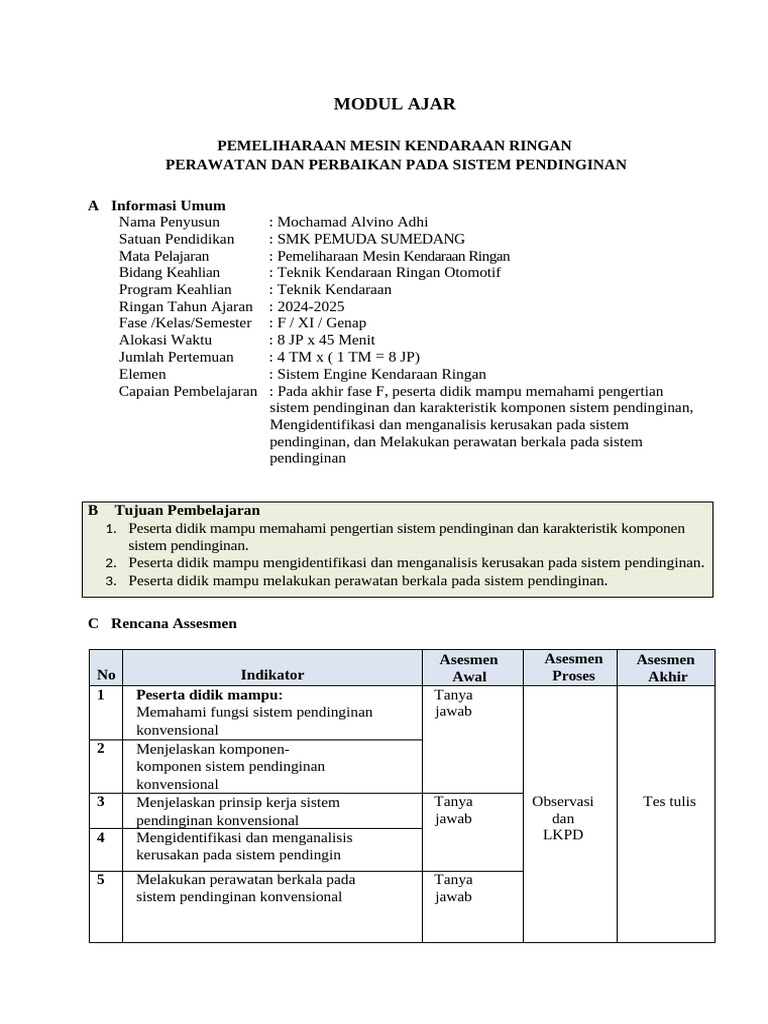 Modul Ajar Sistem Pendinginan Xi - TKR | PDF