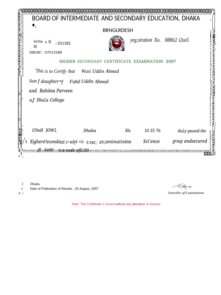 Higher Secondary Certificate 2007 | PDF