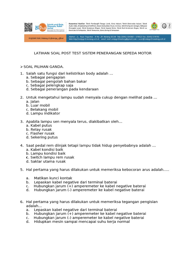 Soal Post Test Penerangan Sepeda Motor | PDF