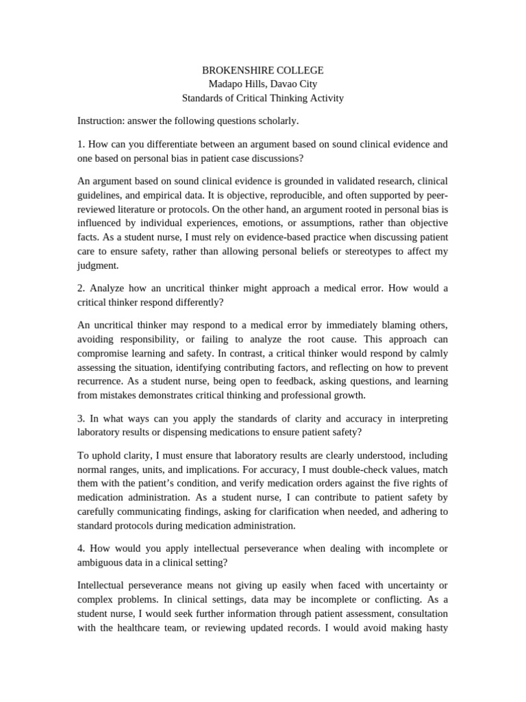 Critical Thinking in Nursing Practice | PDF | Critical Thinking ...