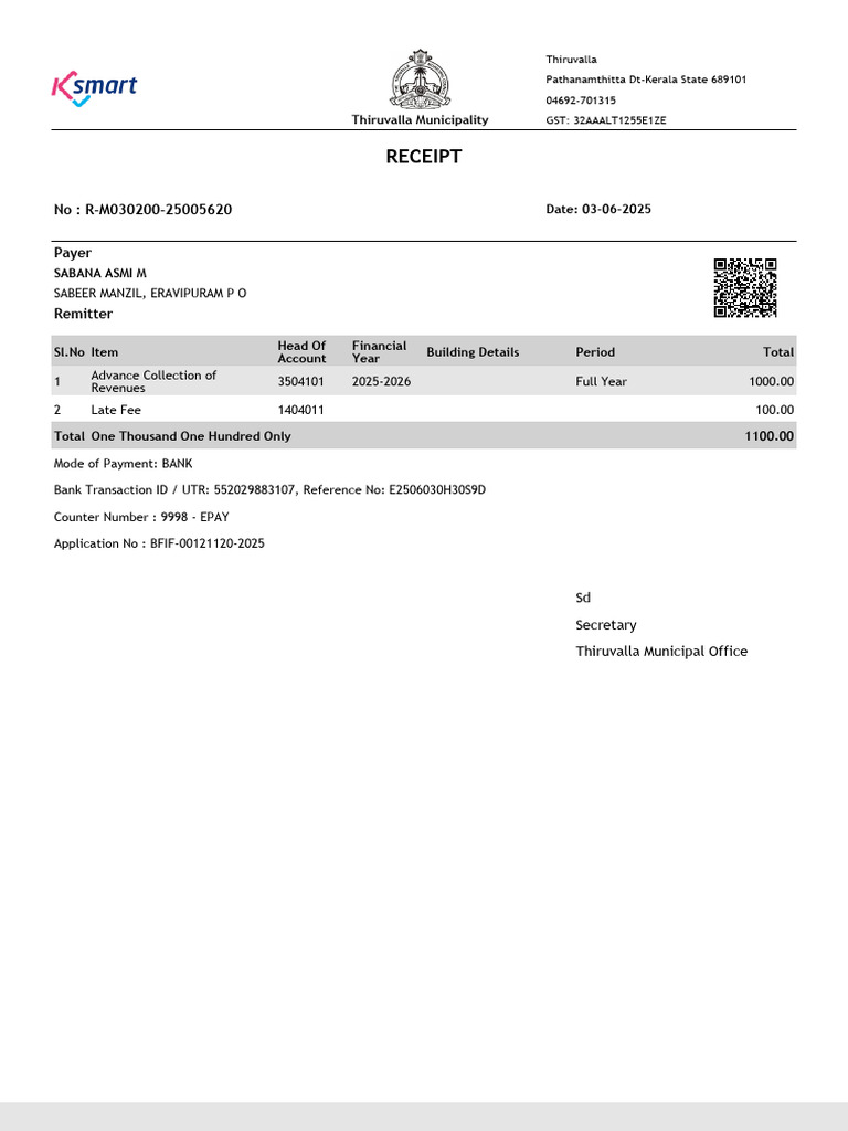 Thiruvalla Municipality Payment Receipt | PDF
