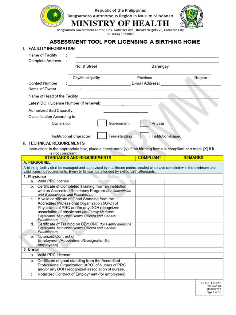 DOH Birthing Home Licensing Assessment Tool | PDF | Postpartum Period ...