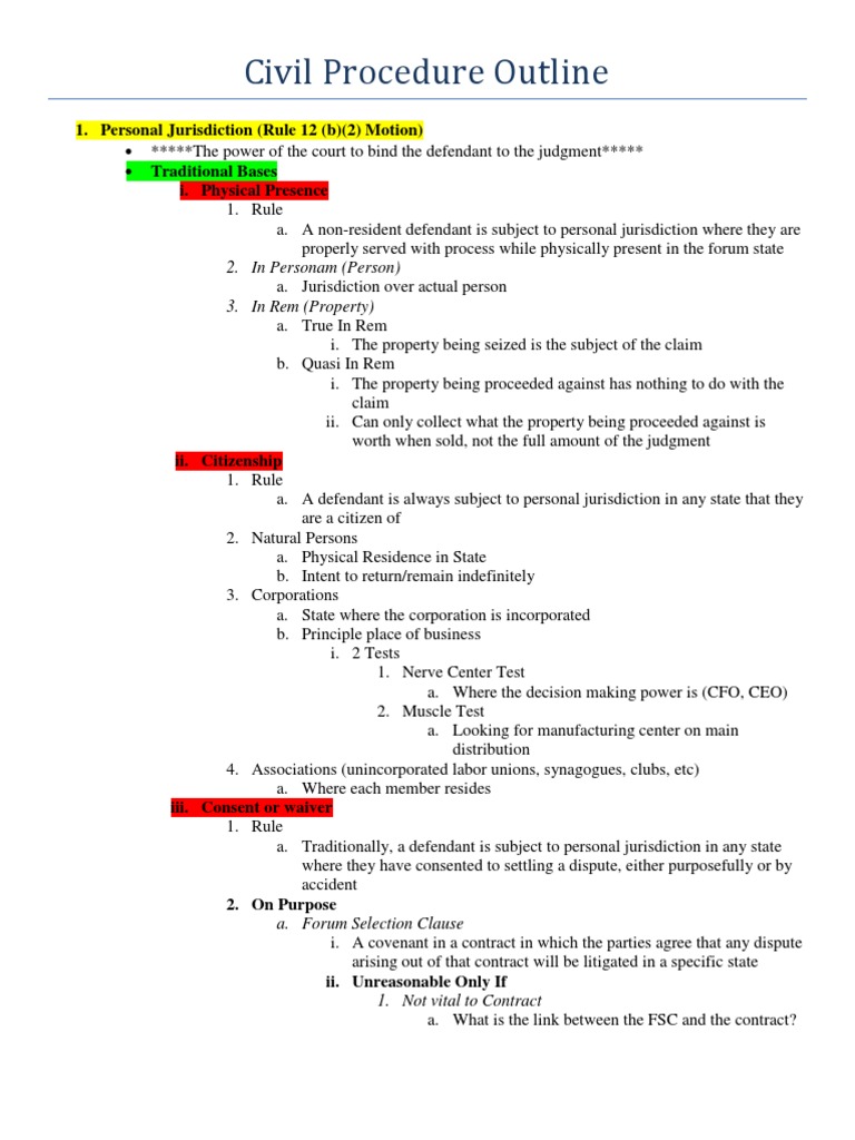 Civil Procedure Outline | PDF | Diversity Jurisdiction | Personal ...