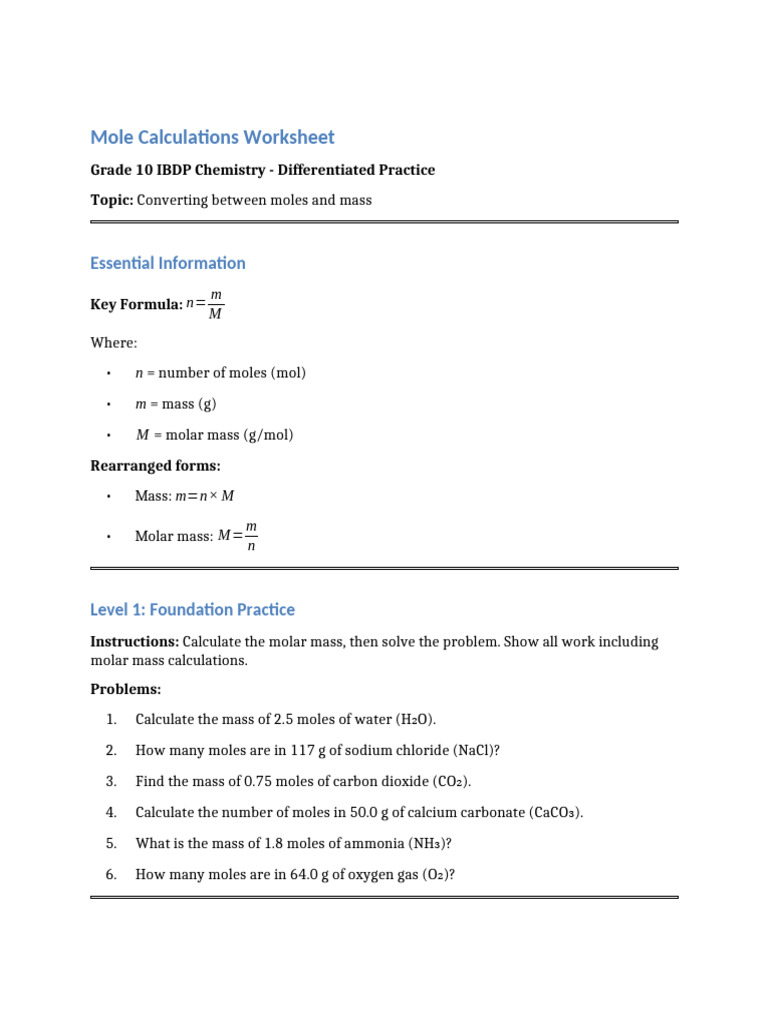 Mole Calculations Practice Worksheet | PDF | Mole (Unit) | Oxide