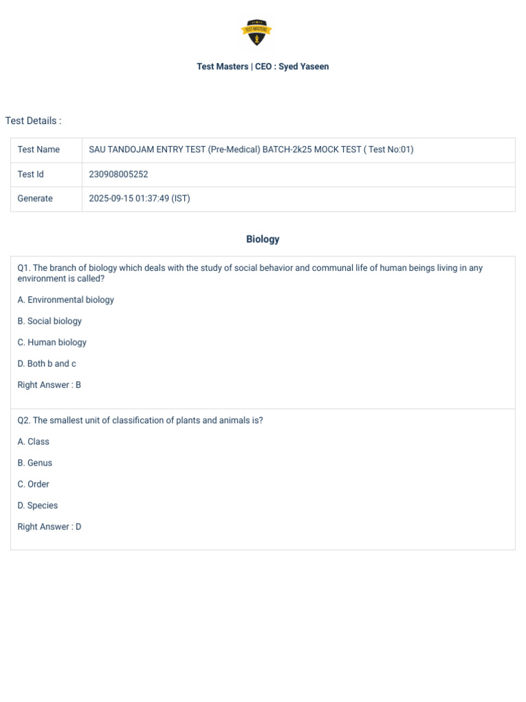 SAU Tandojam Pre-Medical Mock Test 2025 | PDF | Electronvolt | Force