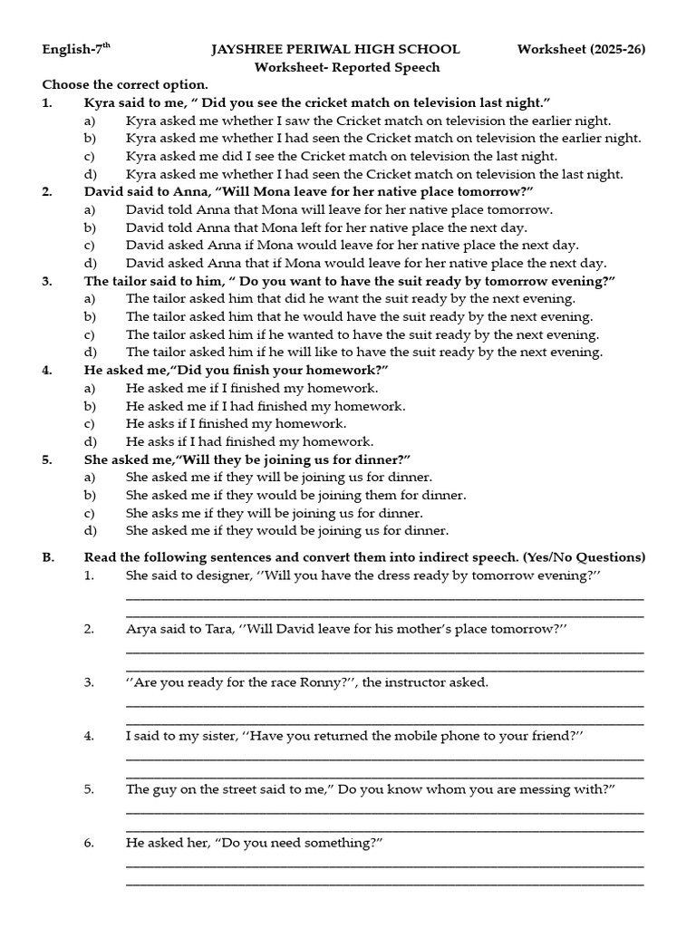 Reported Speech Worksheet for 7th Grade | PDF | Chess Theory | Chess