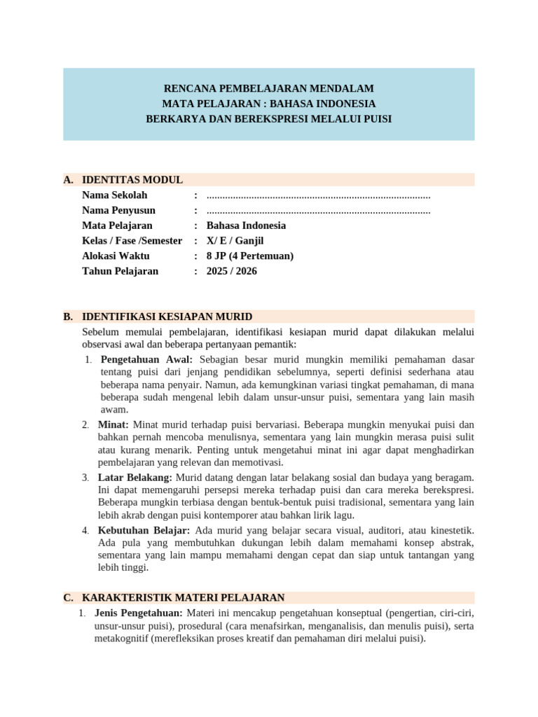 Rencana Pembelajaran Puisi Bahasa Indonesia | PDF