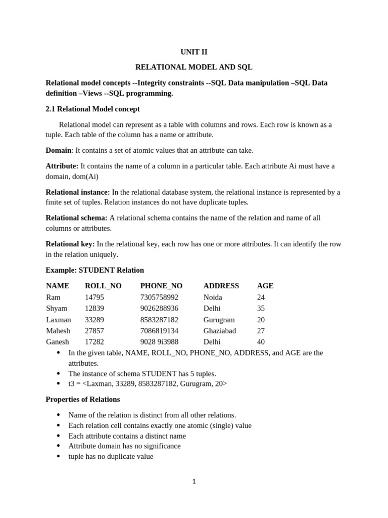 Unit 2 Relational Model and SQL | PDF | Relational Model | Sql