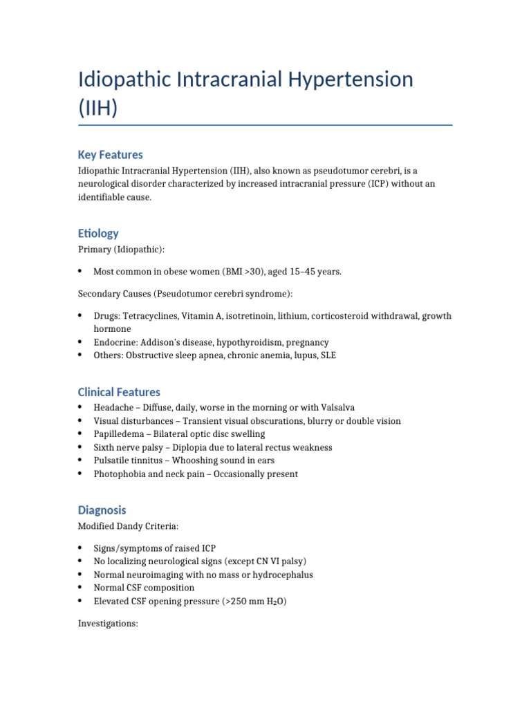 Idiopathic Intracranial Hypertension IIH | PDF | Neurology ...