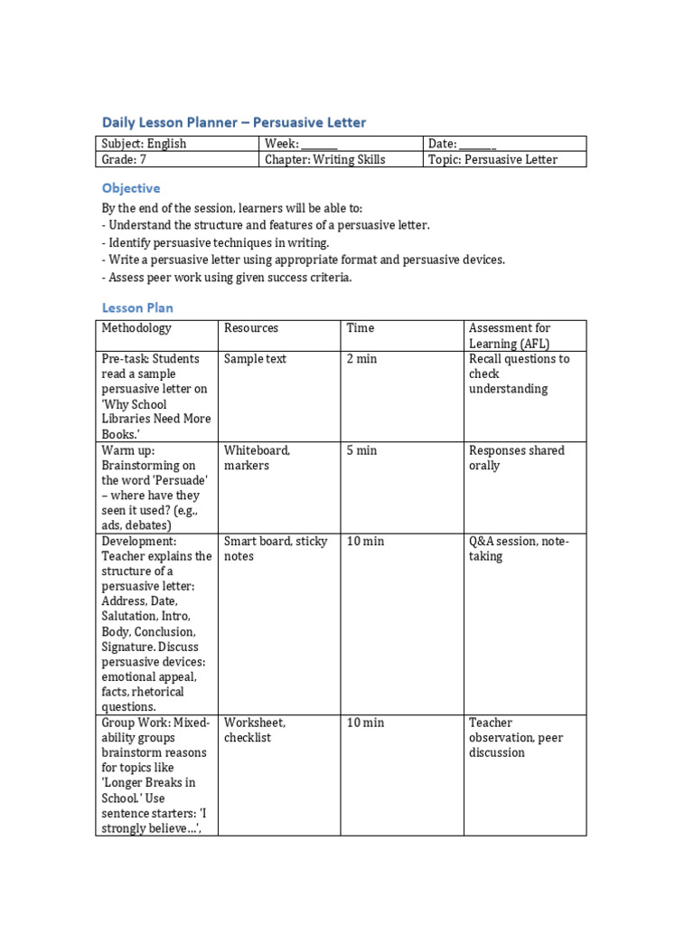 7th Grade Persuasive Letter Lesson Plan | PDF | Educational Assessment ...