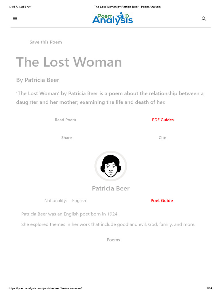 The Lost Woman by Patricia Beer - Poem Analysis | PDF | Poetry