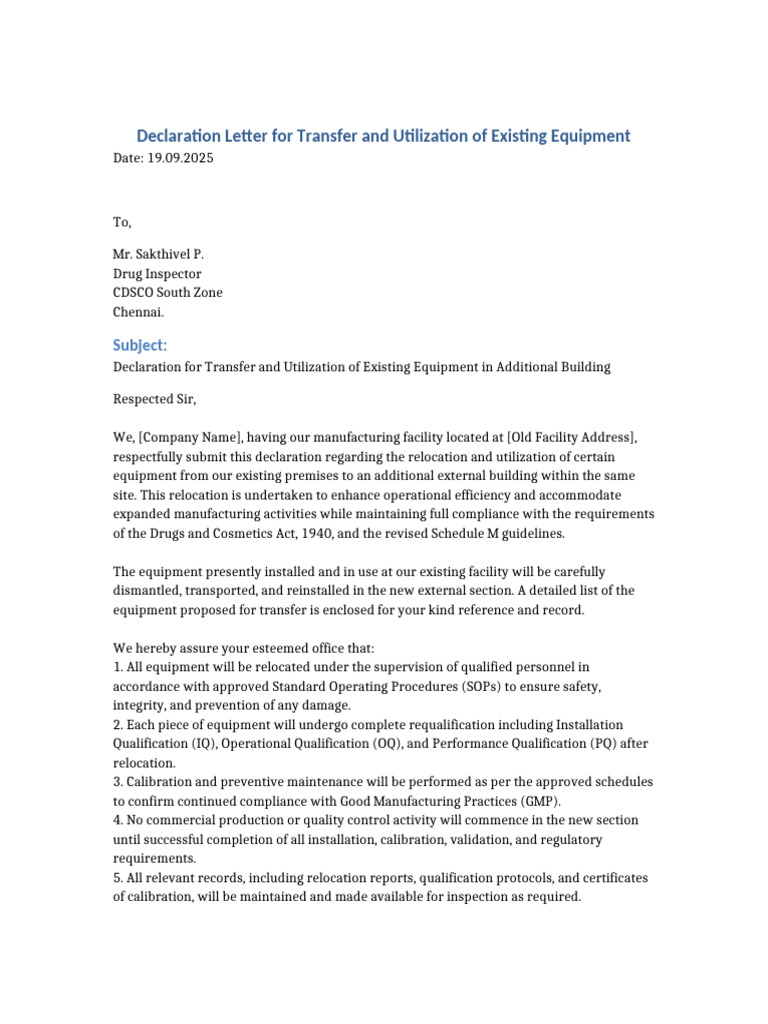 Equipment Transfer Declaration Letter | PDF