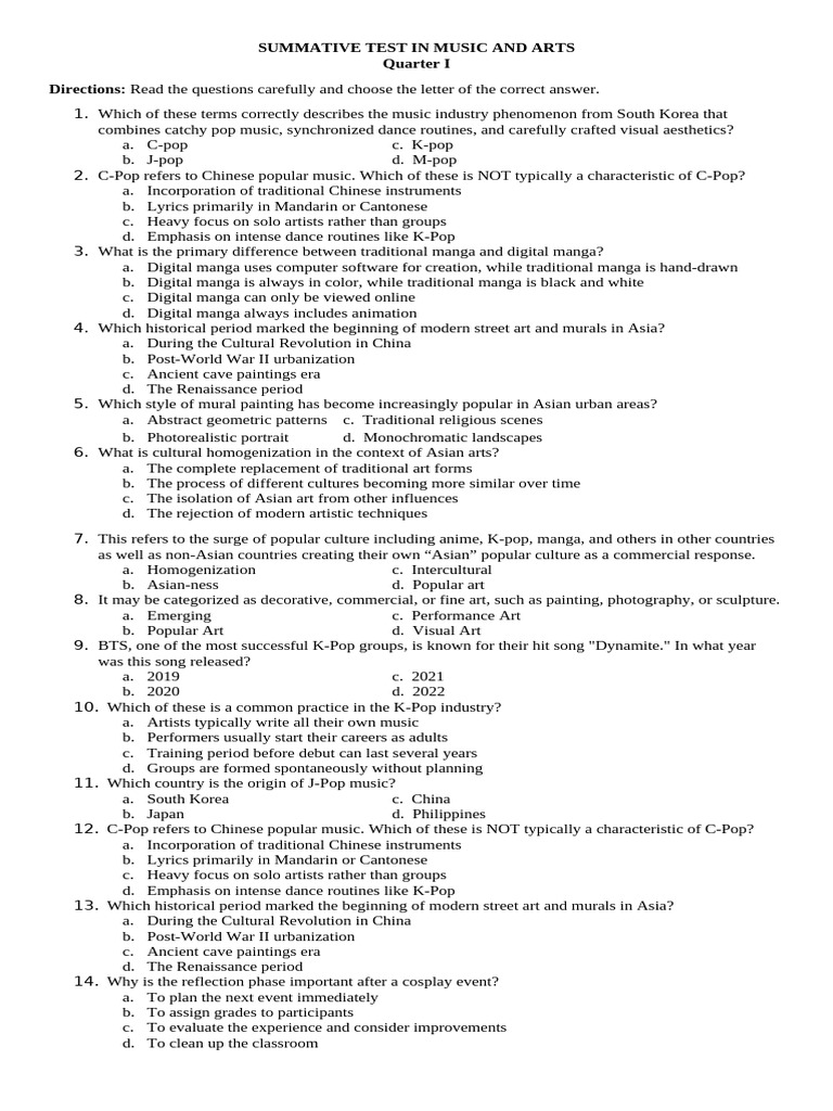 Summative Test in Music and Arts Q1 | PDF | Paintings | China