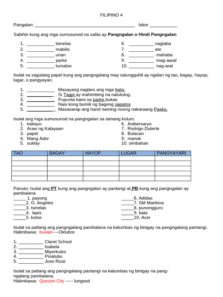 Worksheet q1 Pangngalan | PDF