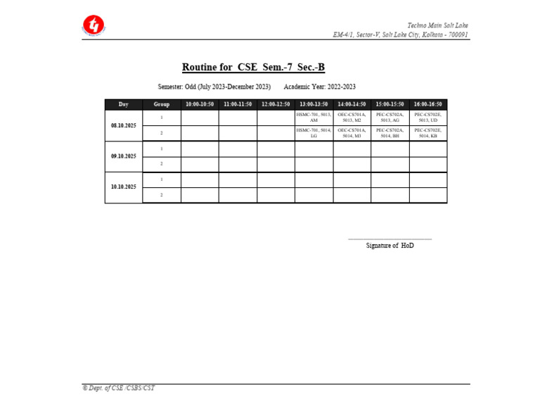 CSE Semester 7 Schedule - Sec B 2023 | PDF