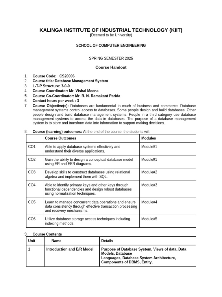 DBMS Course Handout Spring 2025 | PDF | Databases | Relational Database