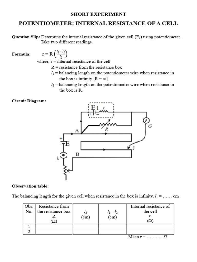 Short Expt Potentiometer (Internal Resistance of a Cell) 25-26 | PDF
