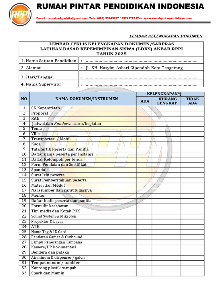 Lembar Ceklis Kelengkapan Dokumen Dan Sarpras LDKS 2025 | PDF