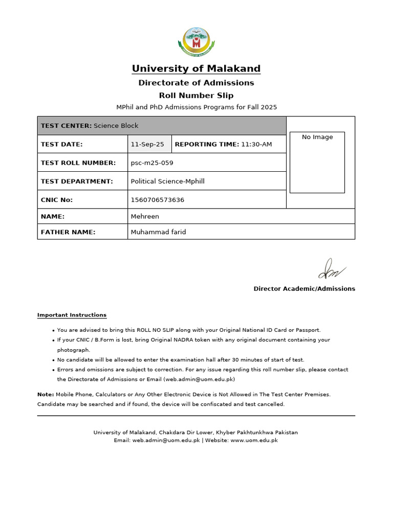 UoM Roll Number Slip for Fall 2025 | PDF