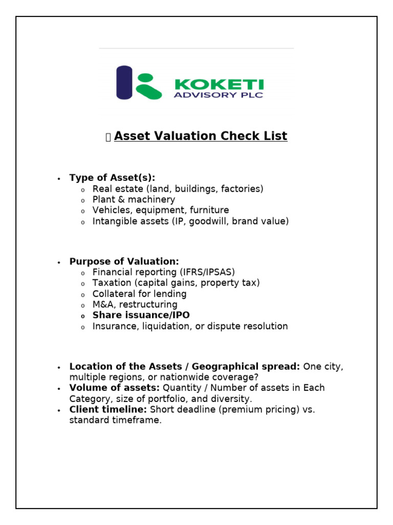Asset Valuation Evaluation Checklist | PDF | Valuation (Finance ...