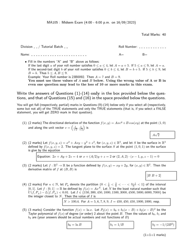 MA105 2023 Midsem Anskey | PDF | Linear Algebra | Geometry