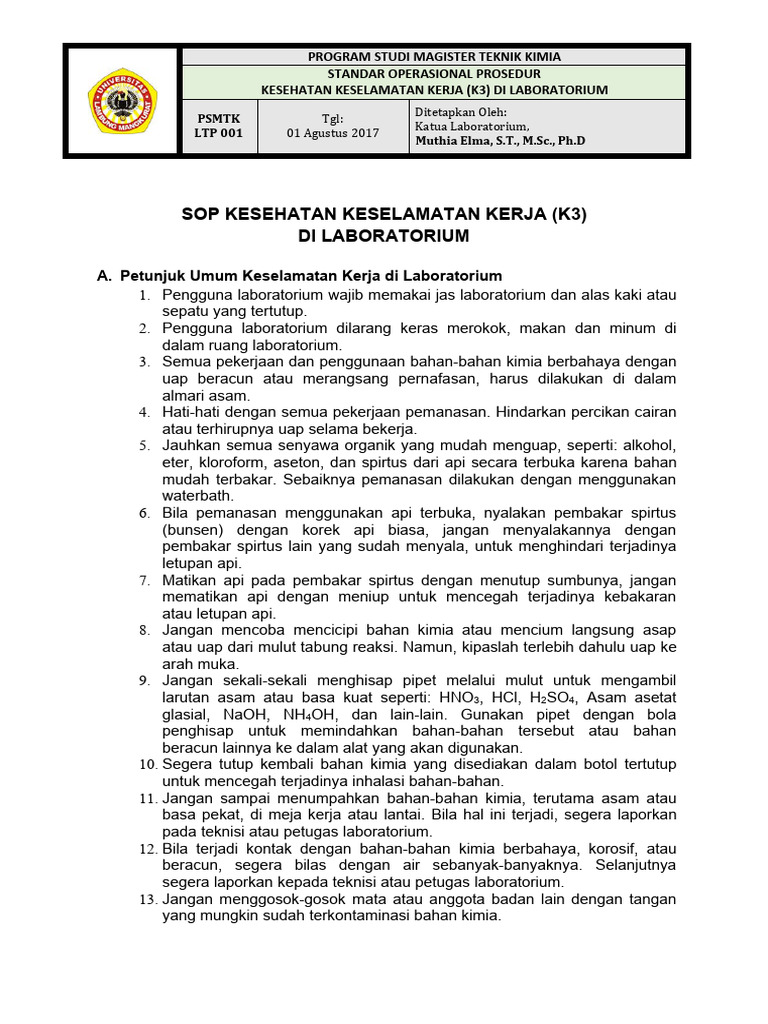 SOP K3 Laboratorium Teknik Kimia | PDF