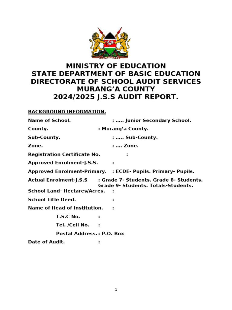 Junior Sec School 2024-2025 Audit Report School Audit Report-Typing ...