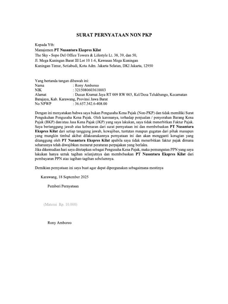Surat Pernyataan Non PKP Pribadi | PDF