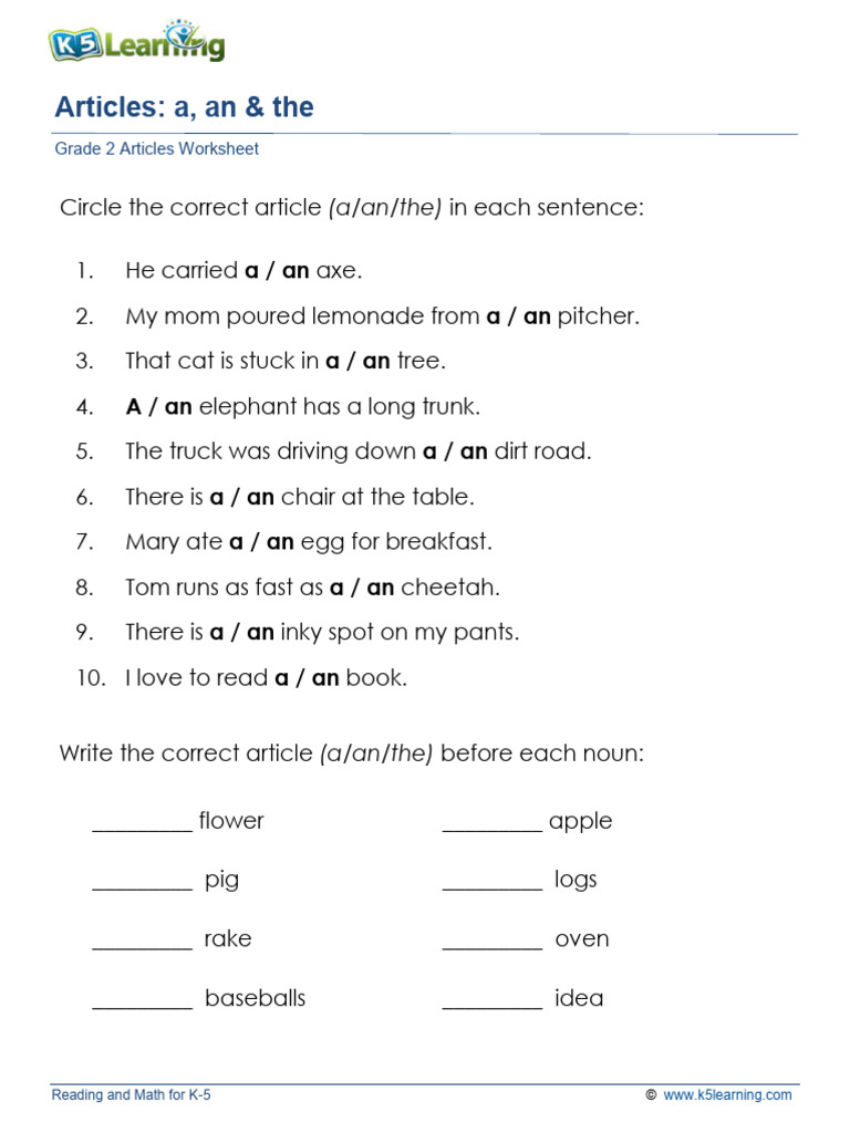 Grade 2 Articles Practice Worksheet | PDF