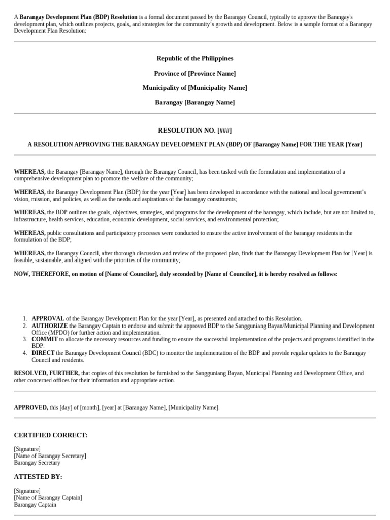 A Barangay Development Plan Resolution Template | PDF | Economies