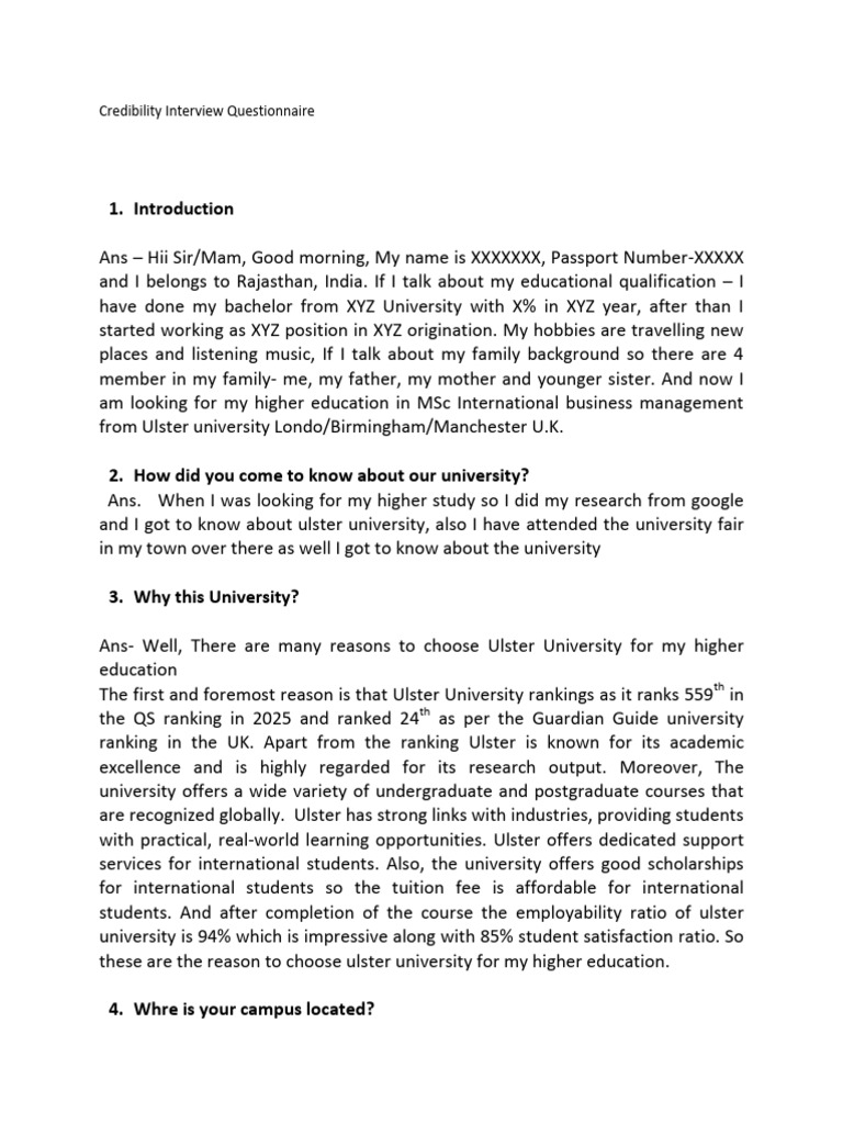 Credibility Interview Questionnaire - Ulster IBM | PDF | University ...