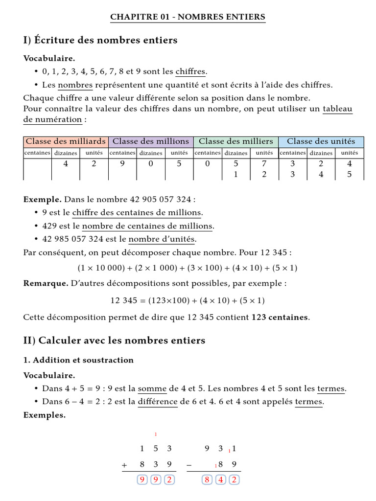 Chapitre 01 - Nombres Entiers | PDF | Nombre | Entier naturel