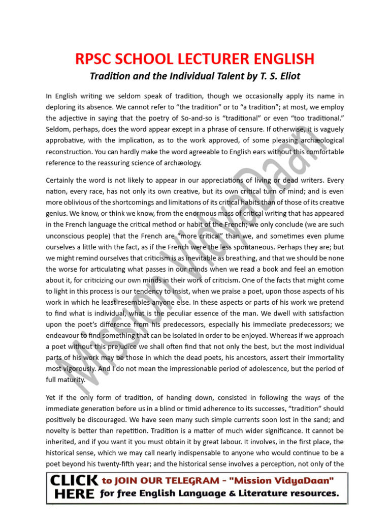 Tradition and The Individual Talent Eliot Hindi | PDF