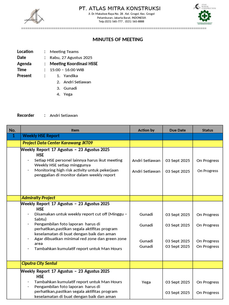 MoM 9 Januari 2025_Meeting HSSE | PDF