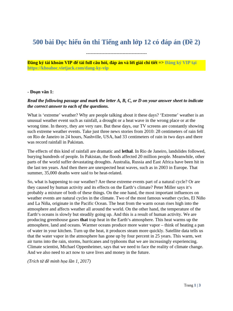 500 Bai Doc Hieu On Thi Tieng Anh Lop 12 Co Dap An de 2 - 2025 - 09 ...