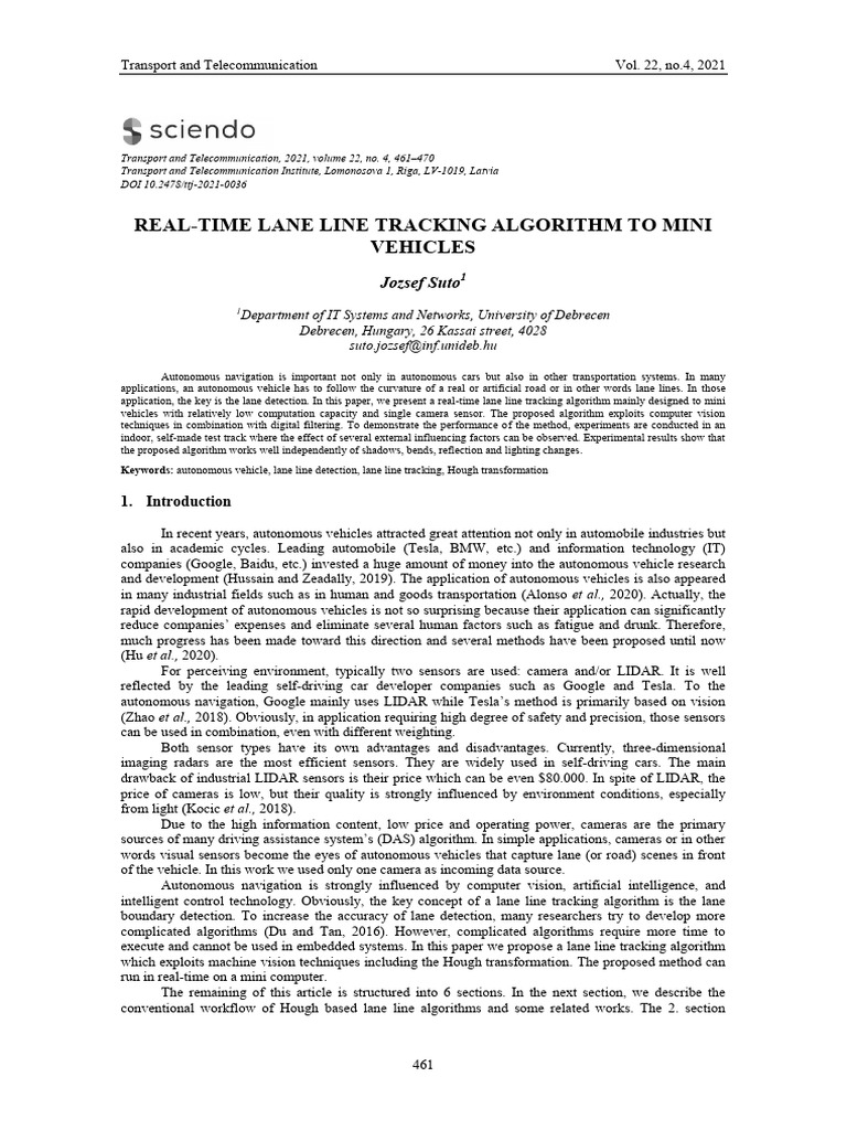 Real-Time Lane Line Tracking Algorithm To Mini Veh | PDF | Computer ...