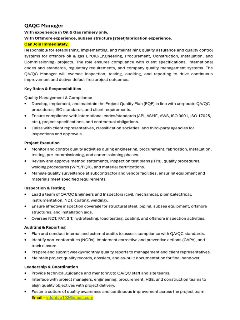 QAQC MANAGER | PDF | Quality Assurance | Regulatory Compliance