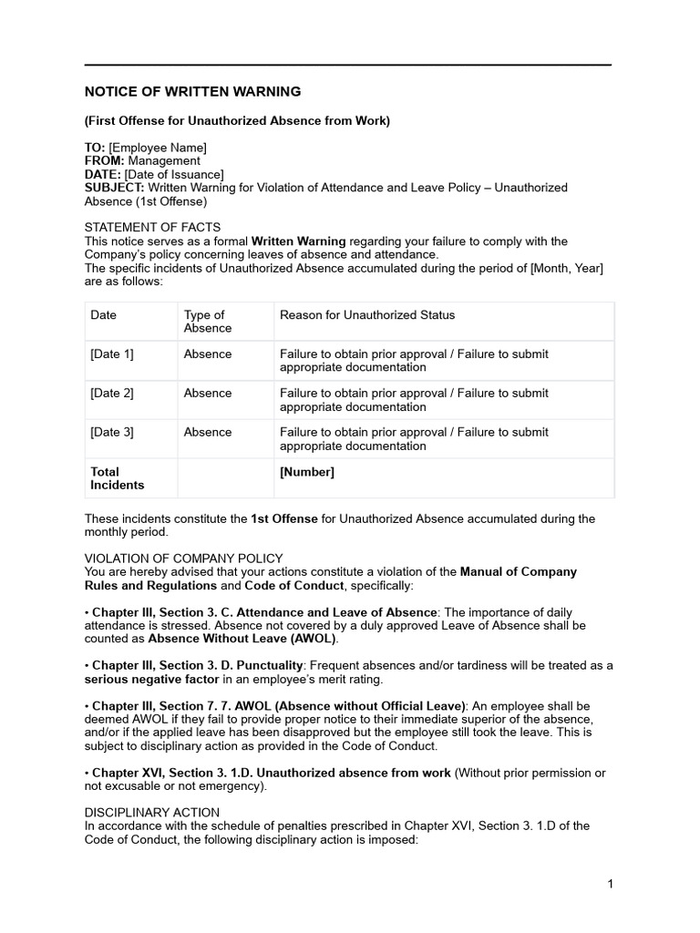 First Offense Written Warning for Absence | PDF | Desertion | Justice