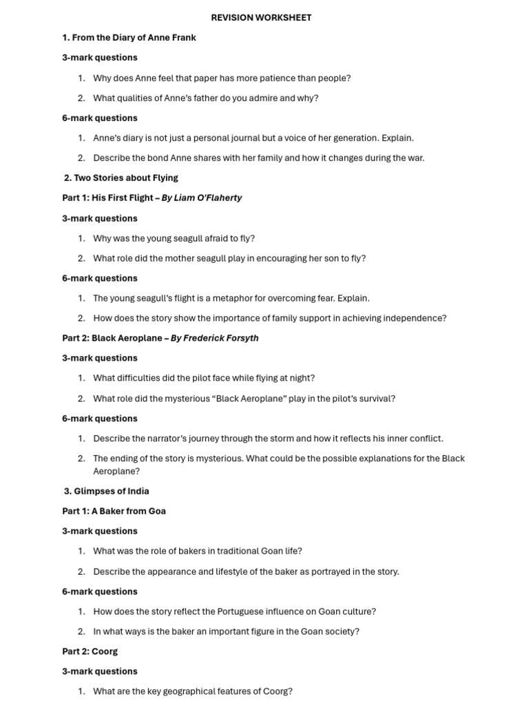 Revision Worksheet Class 10 (Prose) | PDF